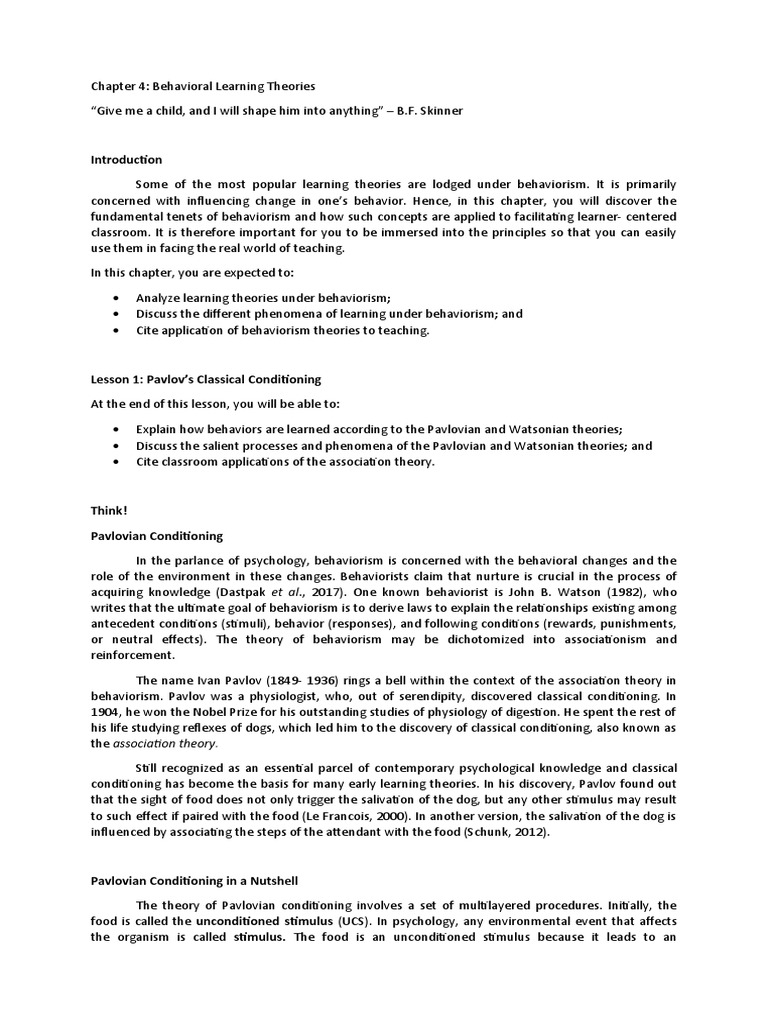Chapter 4 Behavioral Learning Theories | PDF | Behaviorism | Classical Conditioning