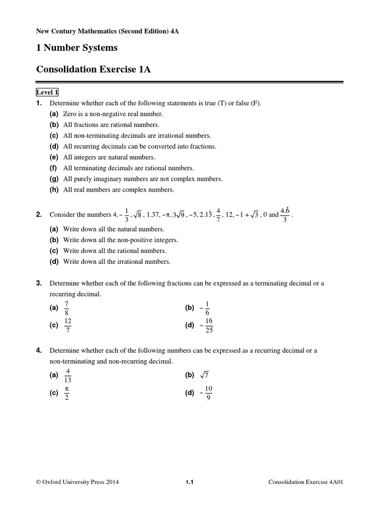 1 Number Systems Consolidation Exercise 1A | PDF | Numbers | Rational ...