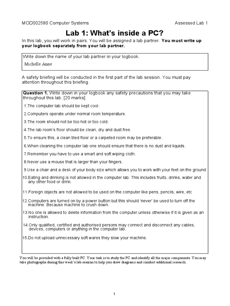 Lab 1: What's Inside A PC?: Your Logbook Separately From Your Lab ...