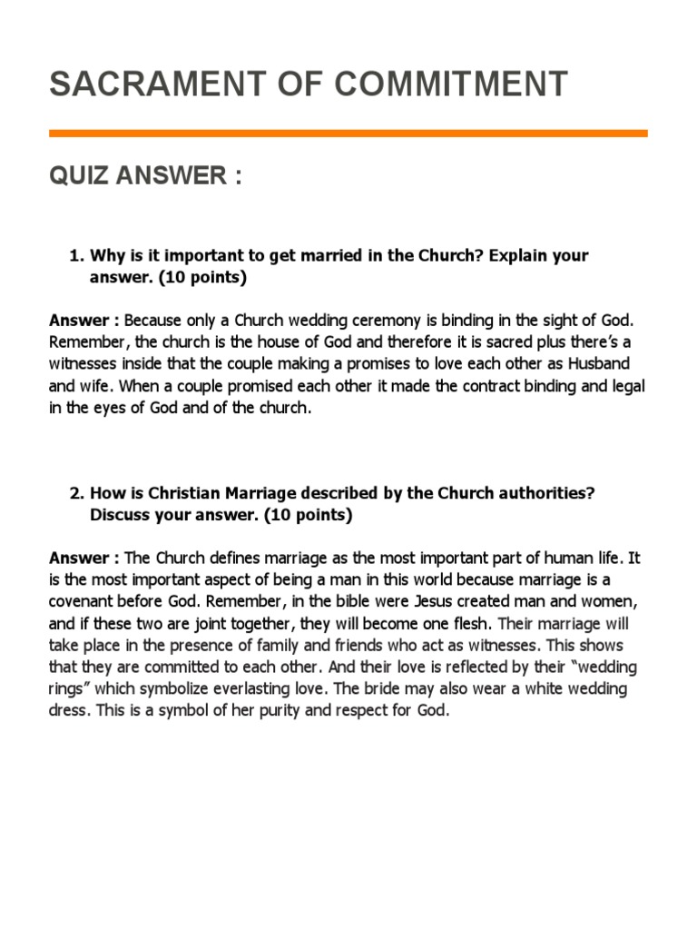 Sacrament of Commitment: Quiz Answer | PDF | Ordination | Systematic ...