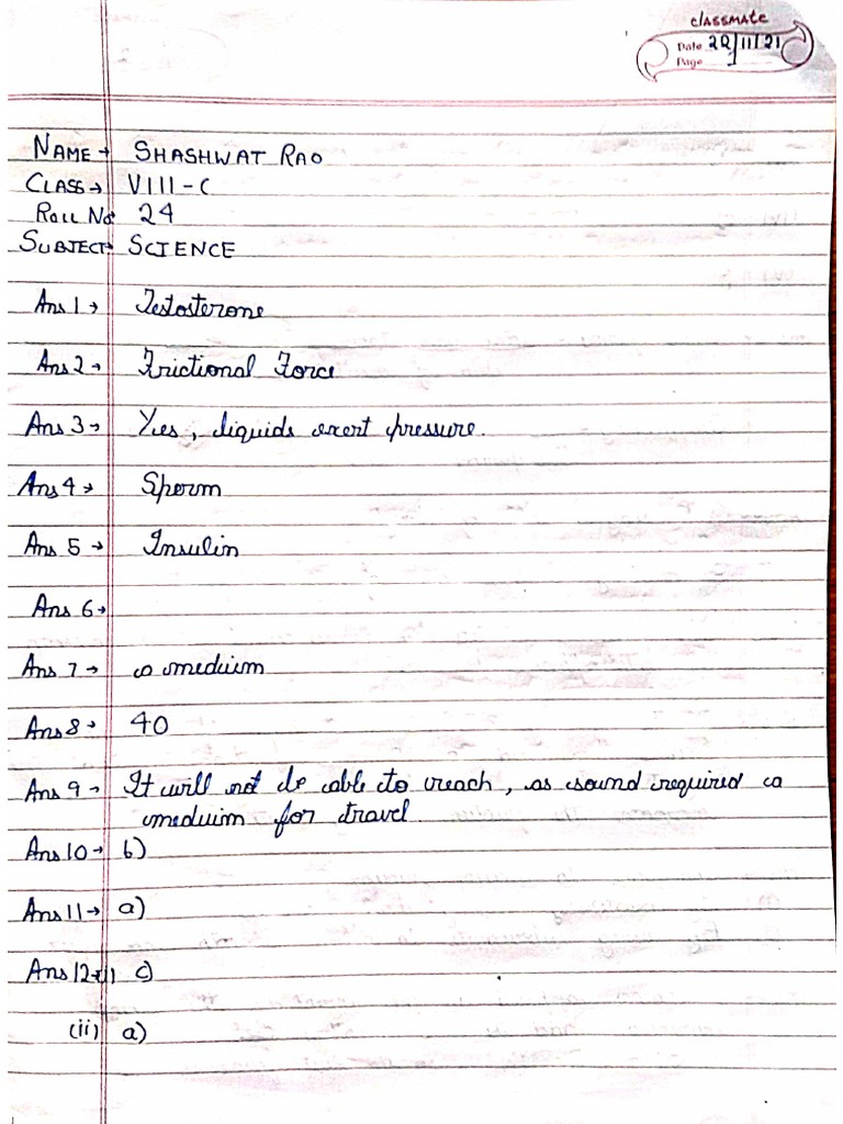 Science Answer Sheet Class 8 Aps | PDF