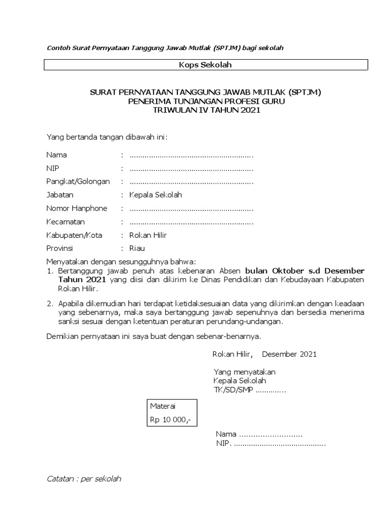 Contoh SPTJM TPG TW IV Tahun 2021 | PDF