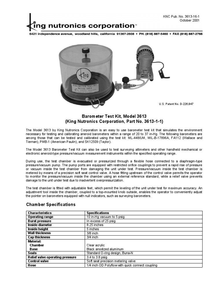 Barometer Test Kit, Model 3613 (King Nutronics Corporation, Part No ...