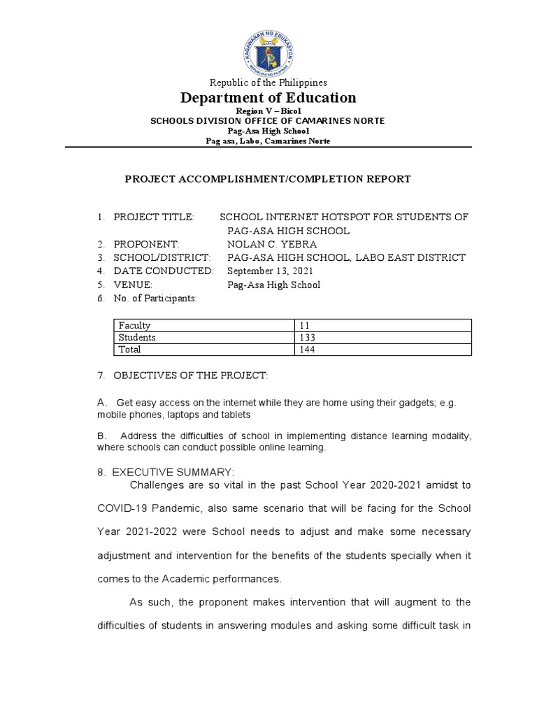 Accomplishment Report On School Internet Hotspot Project | PDF | Wi Fi ...