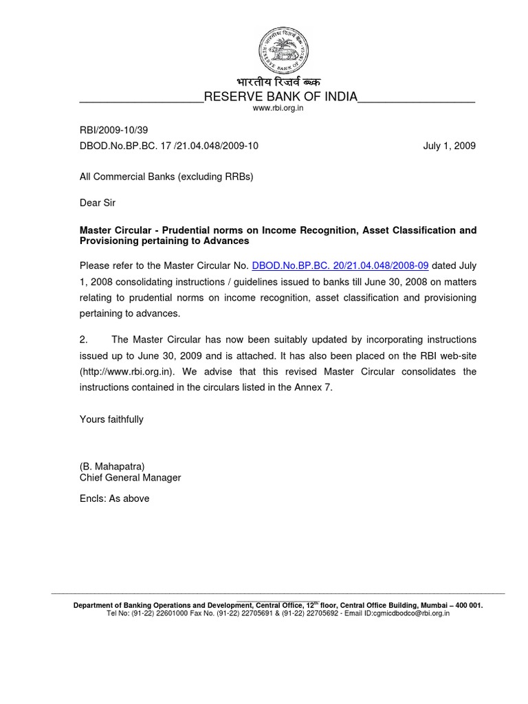 RBI NPA Classification Circular | PDF | Loans | Banks