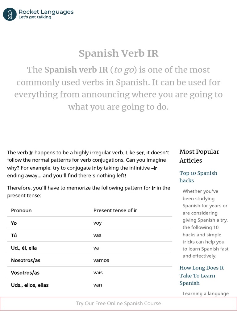 Spanish Verb IR - Rocket Languages | Download Free PDF | Spanish ...