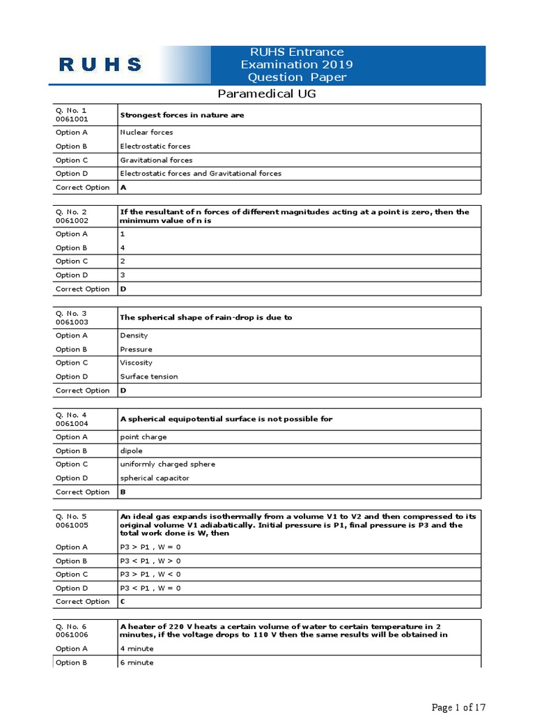 Paramedical UG: RUHS Entrance Examination 2019 Question Paper | PDF ...