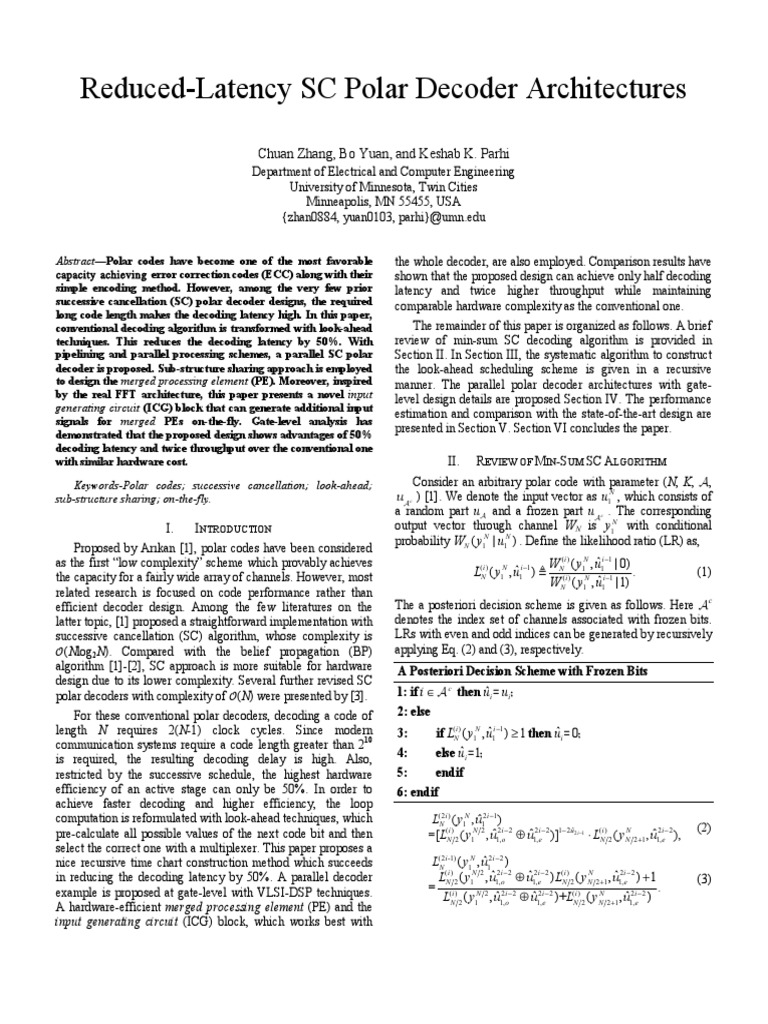 Reduced-Latency SC Polar Decoder Architectures: Chuan Zhang, Bo Yuan, and Keshab K. Parhi | PDF ...