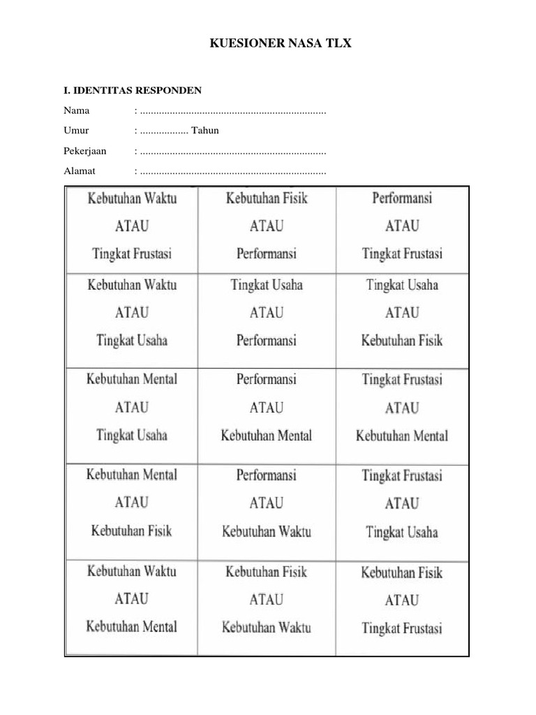 Kuesioner Nasa TLX | PDF
