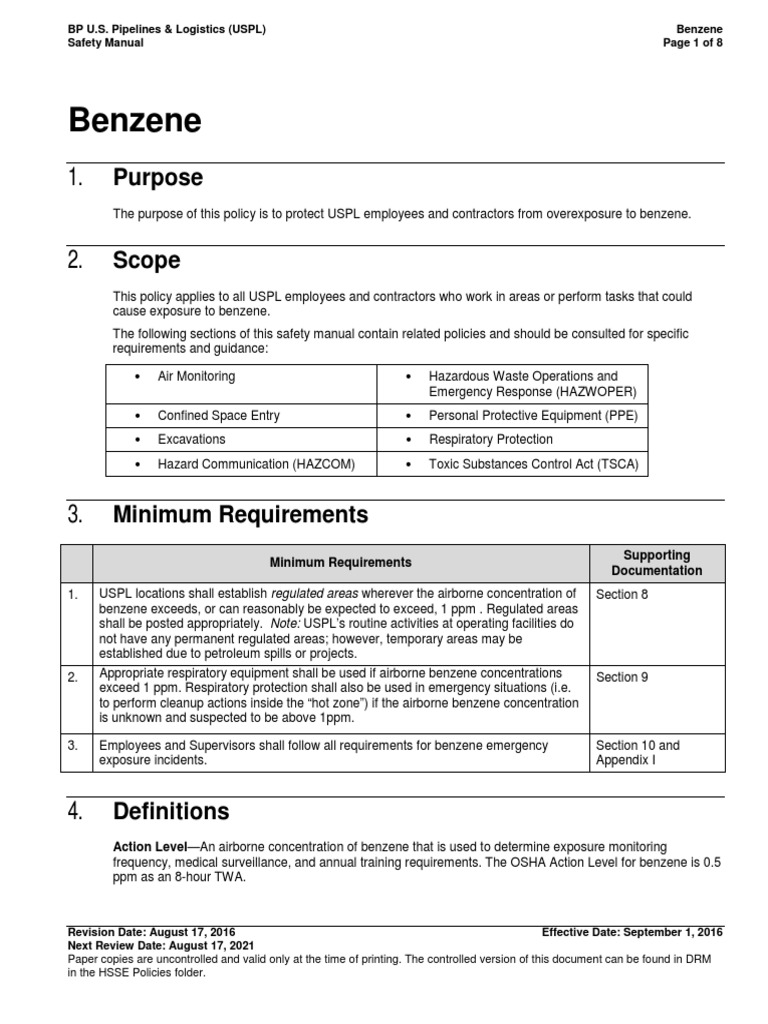 Benzene: 1. Purpose 2. Scope | PDF | Benzene | Occupational Hygiene