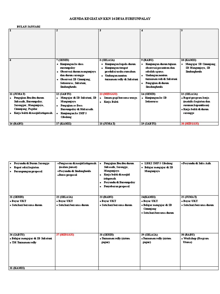 Kalender Kegiatan KKN 14 Desa Eureunpalay | PDF