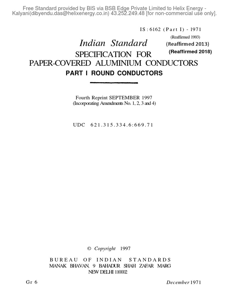 Indian Standard: Specification For Paper-Covered Aluminium Conductors ...