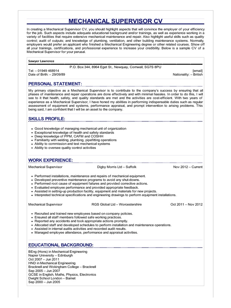 Mechanical Supervisor CV: Personal Statement | PDF | Business