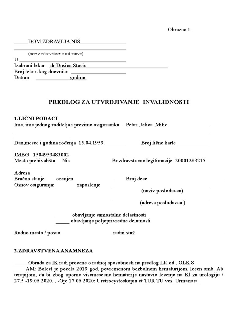 Obrazac 1 - Predlog Za Utvrdjivanje Invalidnosti | PDF