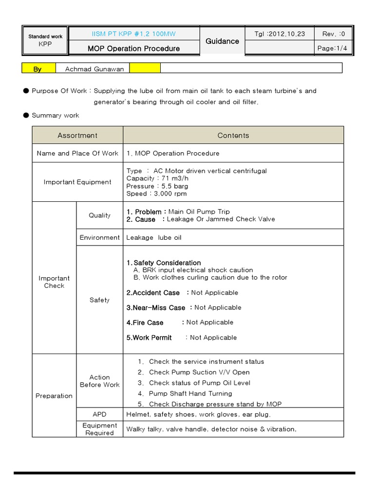 Work Standar MOP (English) | PDF | Pump | Valve