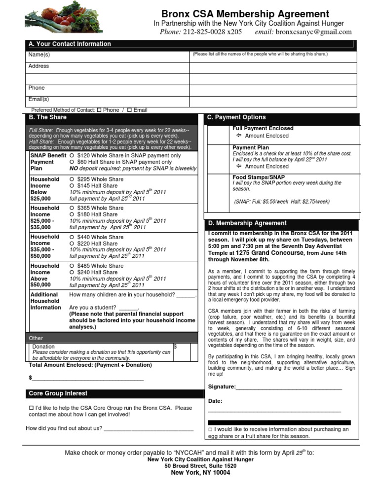 Bronx Csa 2011 Membership Agreement | PDF | Supplemental Nutrition ...