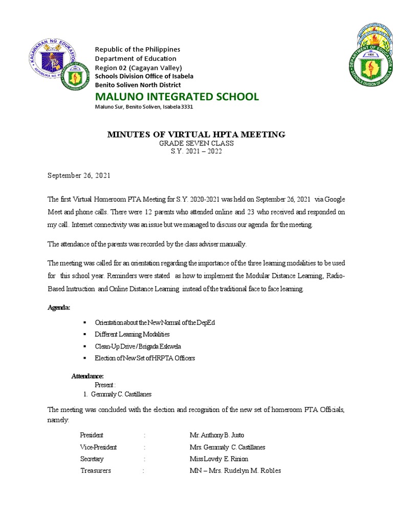 Minutes of The HRPTA Meeting AUGUST 3 2020 | PDF | Communication