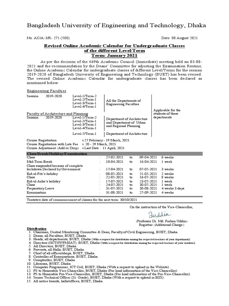 BUET Revises Undergraduate Academic Calendar 2021 | PDF | Academic Term ...