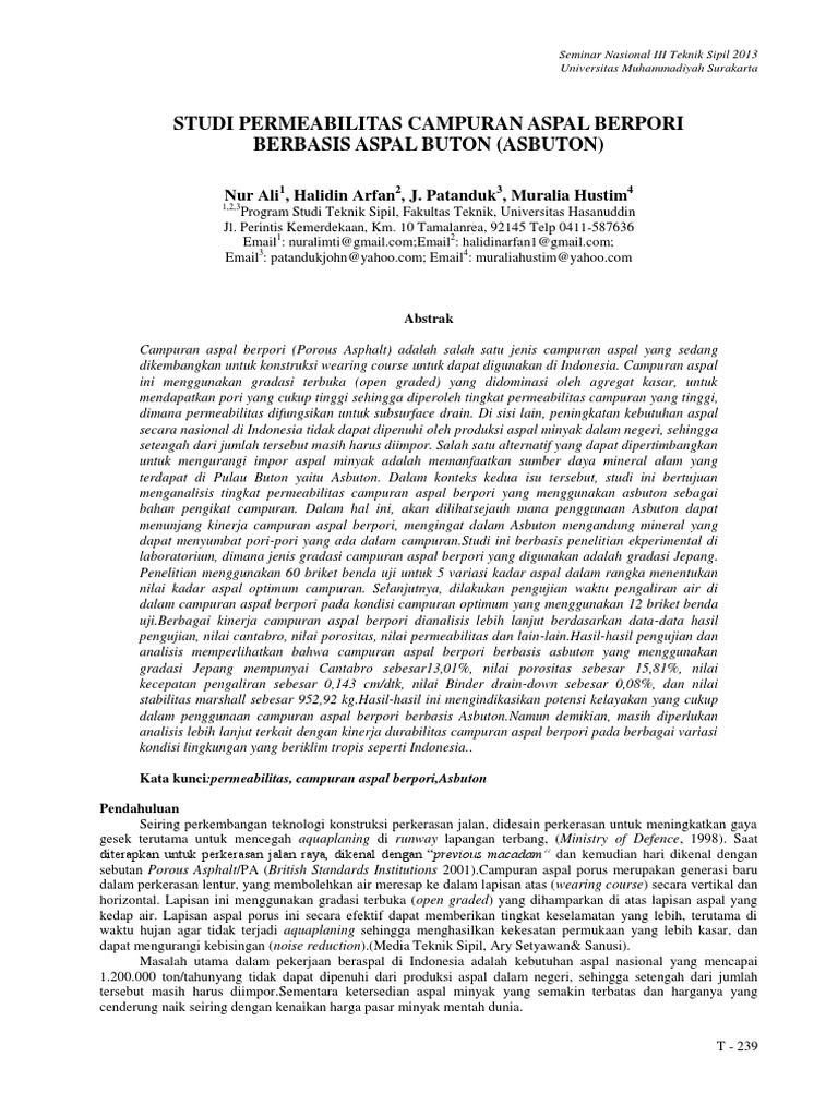 Studi Permeabilitas Campuran Aspal Berpori Berbasis Aspal Buton ...