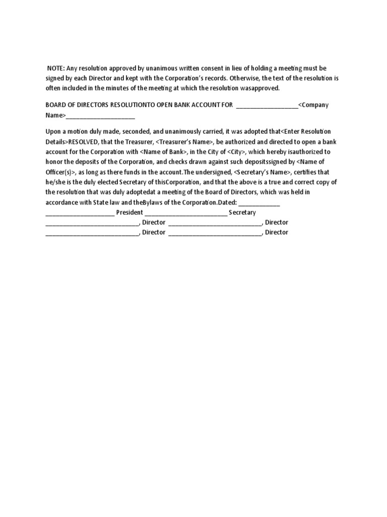 Board resolution to open bank account | PDF