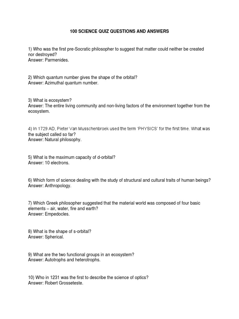 100 Science Quizzes & Answers | PDF | Atomic Orbital | Electron