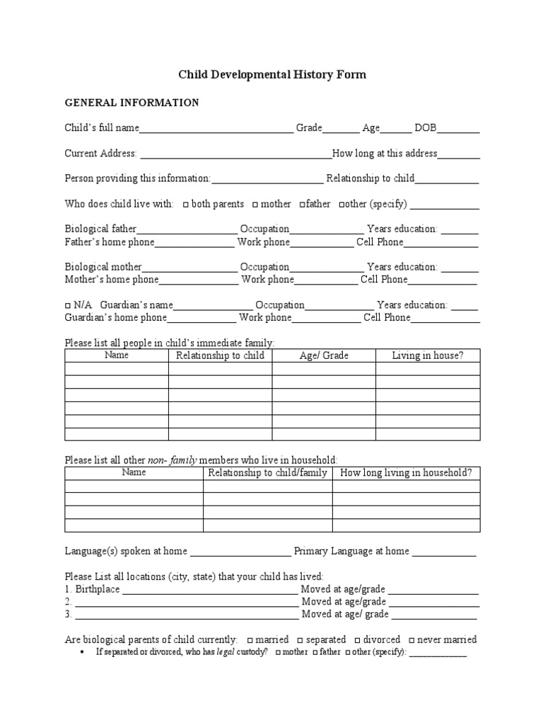 Childhood Developmental History Form | PDF | Childbirth | Pregnancy Childhood Developmental History Form | PDF | Childbirth | Pregnancy