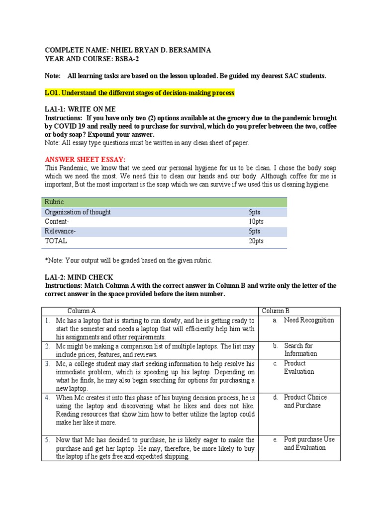 Task (Learning Outcome 1) Answer Sheet | PDF | Cognition ...