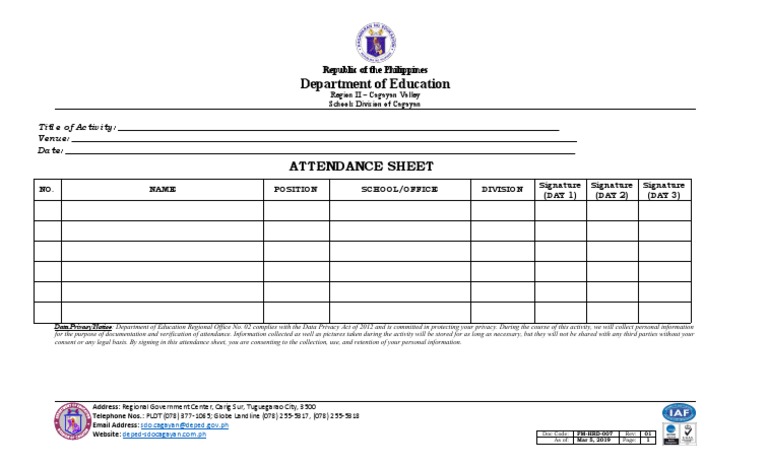 Department of Education: Attendance Sheet | PDF | Information Privacy ...