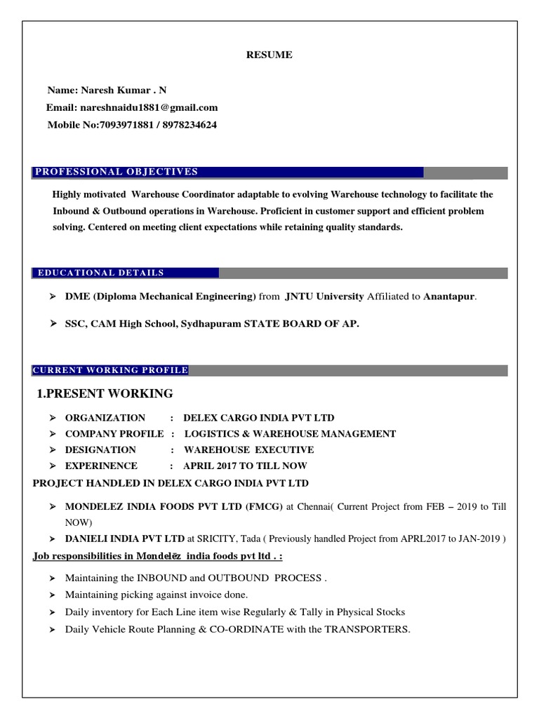 Naresh Resume | PDF | Warehouse | Logistics