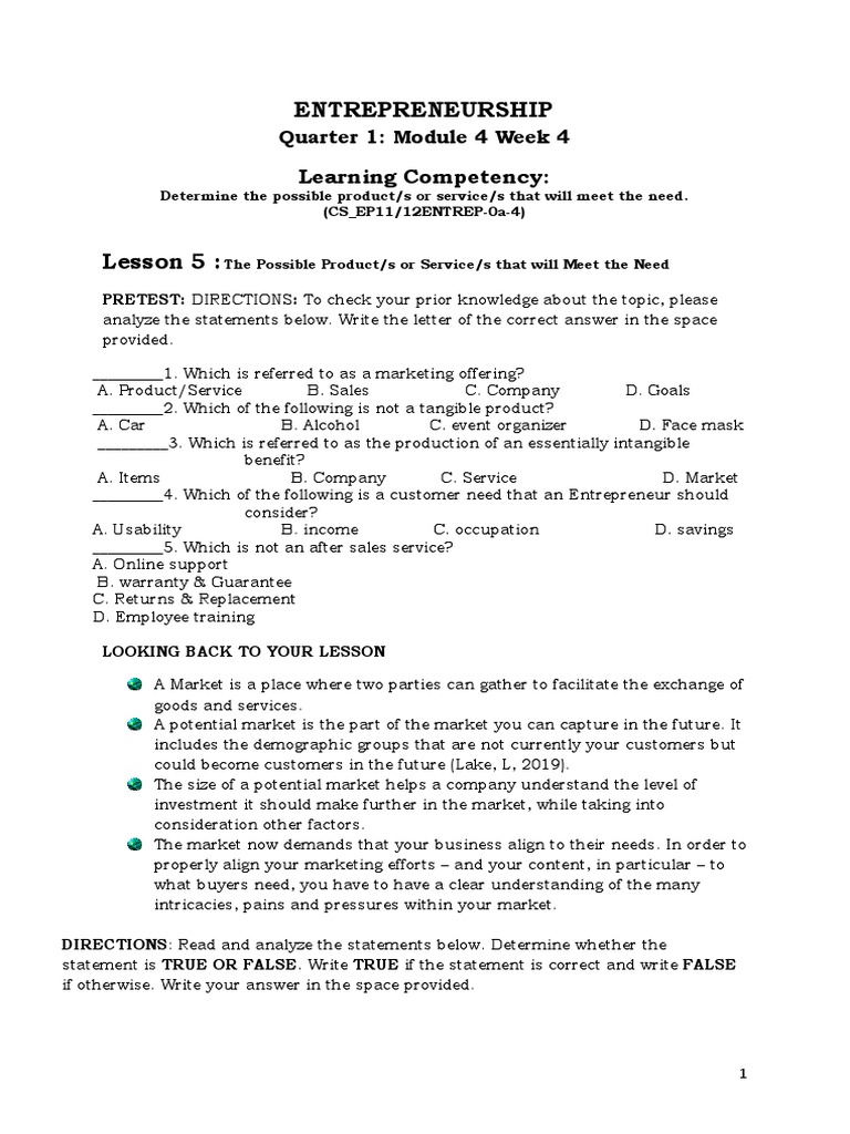 Entrep Module 4 Q1 Week 4 1 | PDF | Product (Business) | Customer