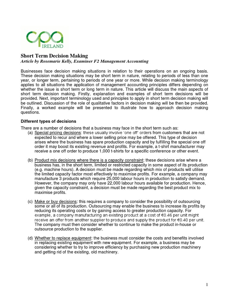 Short Term Decision Making Guide | PDF | Outsourcing | Opportunity Cost