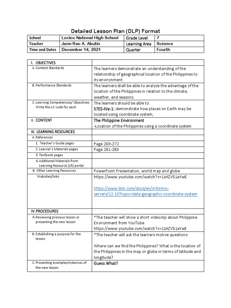 Detailed Lesson Plan (DLP) Format | PDF | Longitude | Latitude
