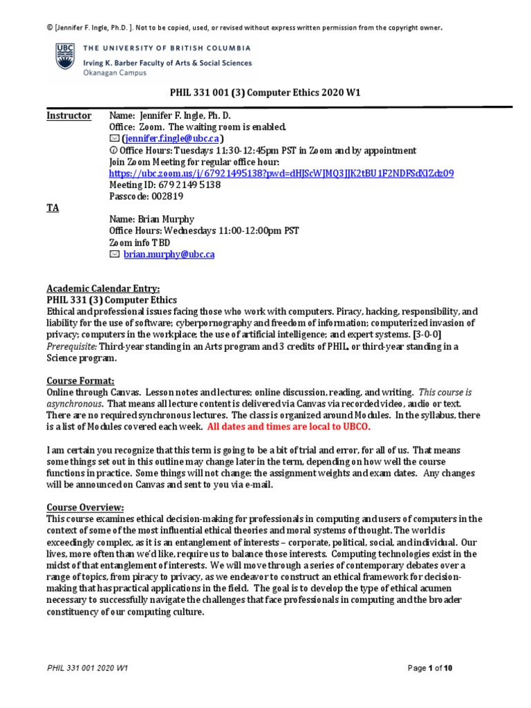 PHIL 331 001 W1 2020 Ingle | PDF | Test (Assessment) | Copyright