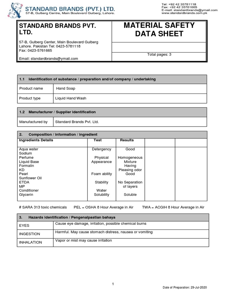 MSDS Hand Wash | PDF | Perfume | Water