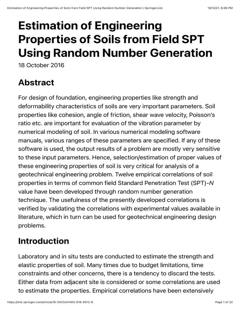 Estimation of Engineering Properties of Soils From Field SPT Using Random Number Generation ...