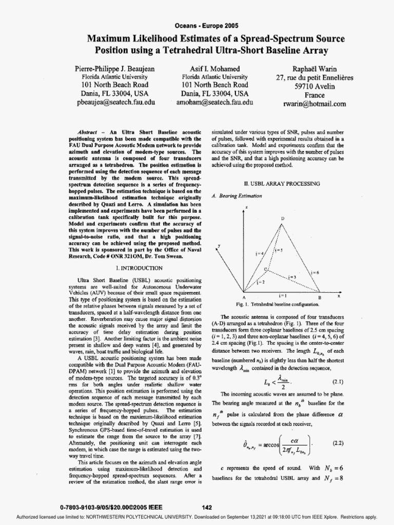 Maximum Likelihood Estimates Of A Spread Spectrum Source Position Using A Tetrahedral Ultra