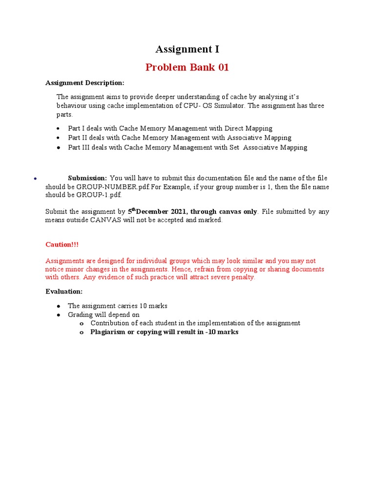 Problem Bank 01: Assignment I | PDF | Cache (Computing) | Cpu Cache