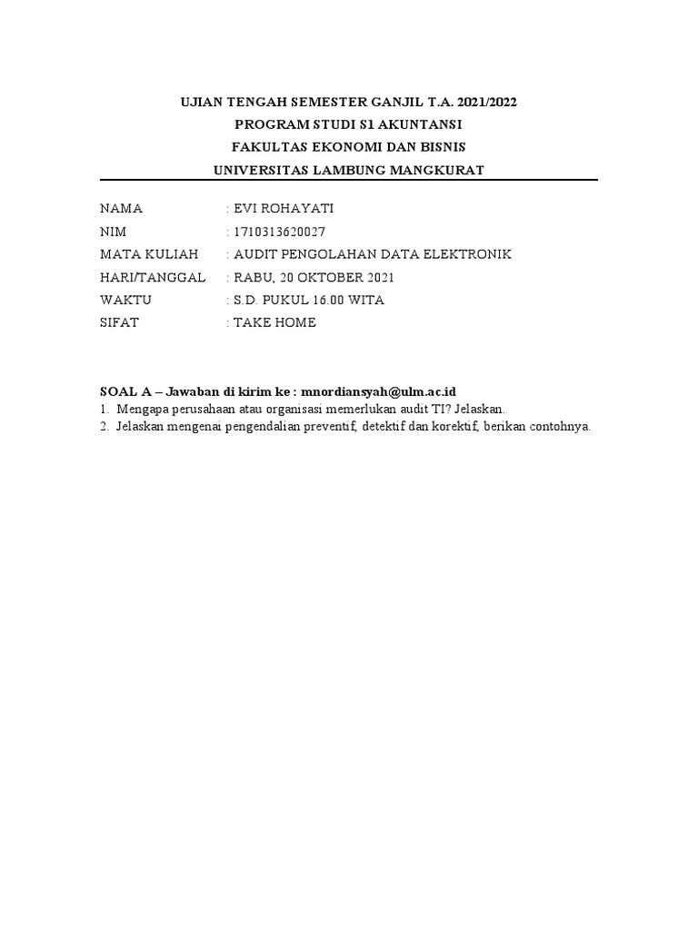 Evi Rohayati - 1710313620027 - UTS Audit PDE - Jawaban Soal A | PDF
