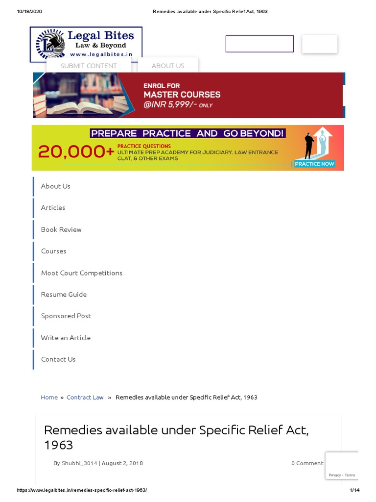 Remedies Under Specific Relief Act 1963 | PDF | Legal Remedy | Injunction