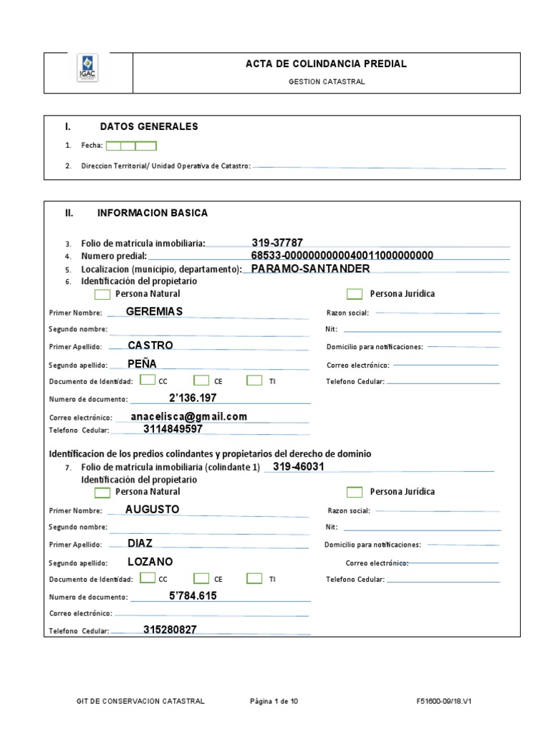 Acta de Colindancia Predial en Colombia | PDF | Geografía | Documento