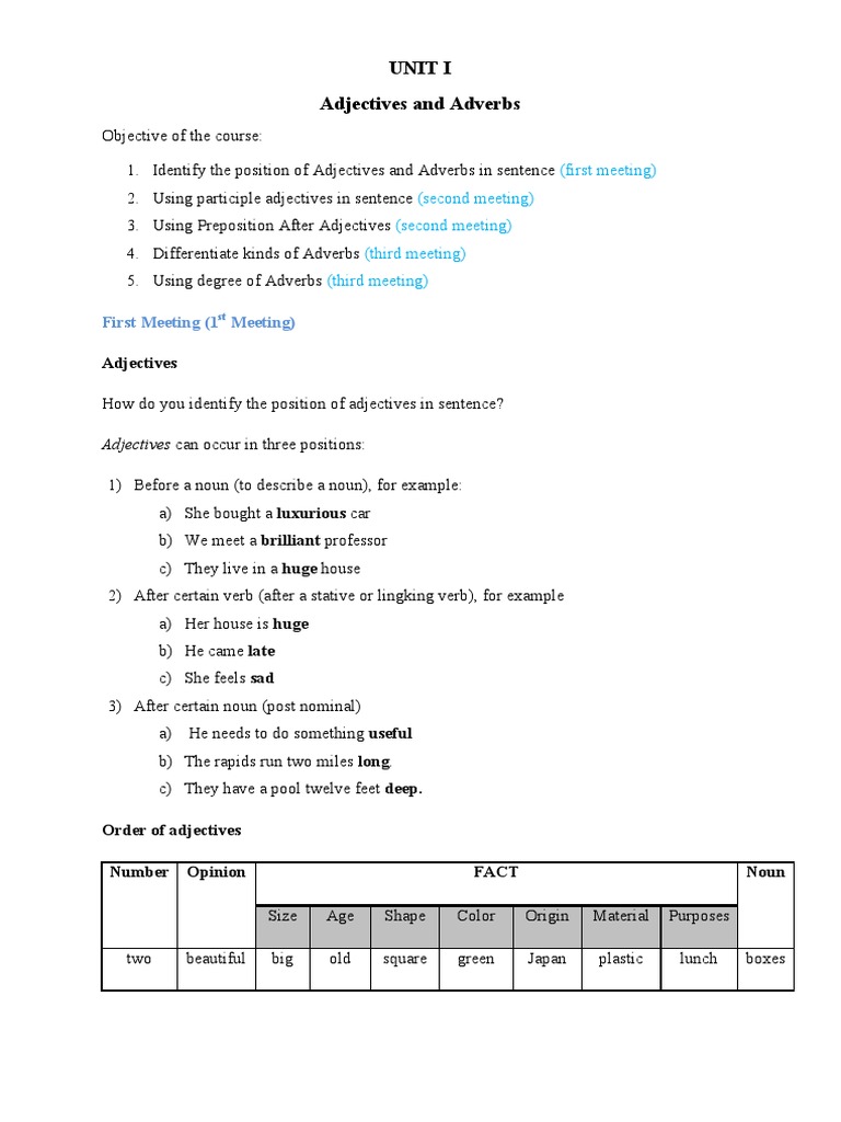 Unit I Adjectives and Adverbs: First Meeting (1 Meeting) | PDF ...