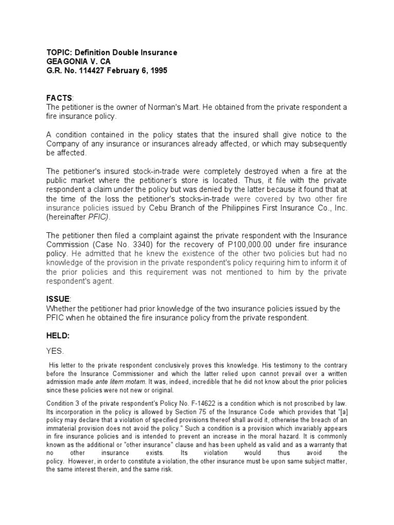 TOPIC: Definition Double Insurance Geagonia V. Ca G.R. No. 114427 ...