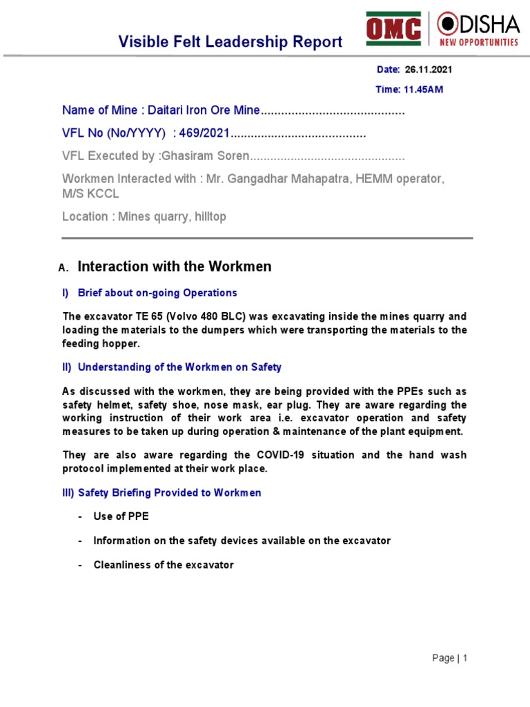Visible Felt Leadership Report: Interaction With The Workmen | PDF ...