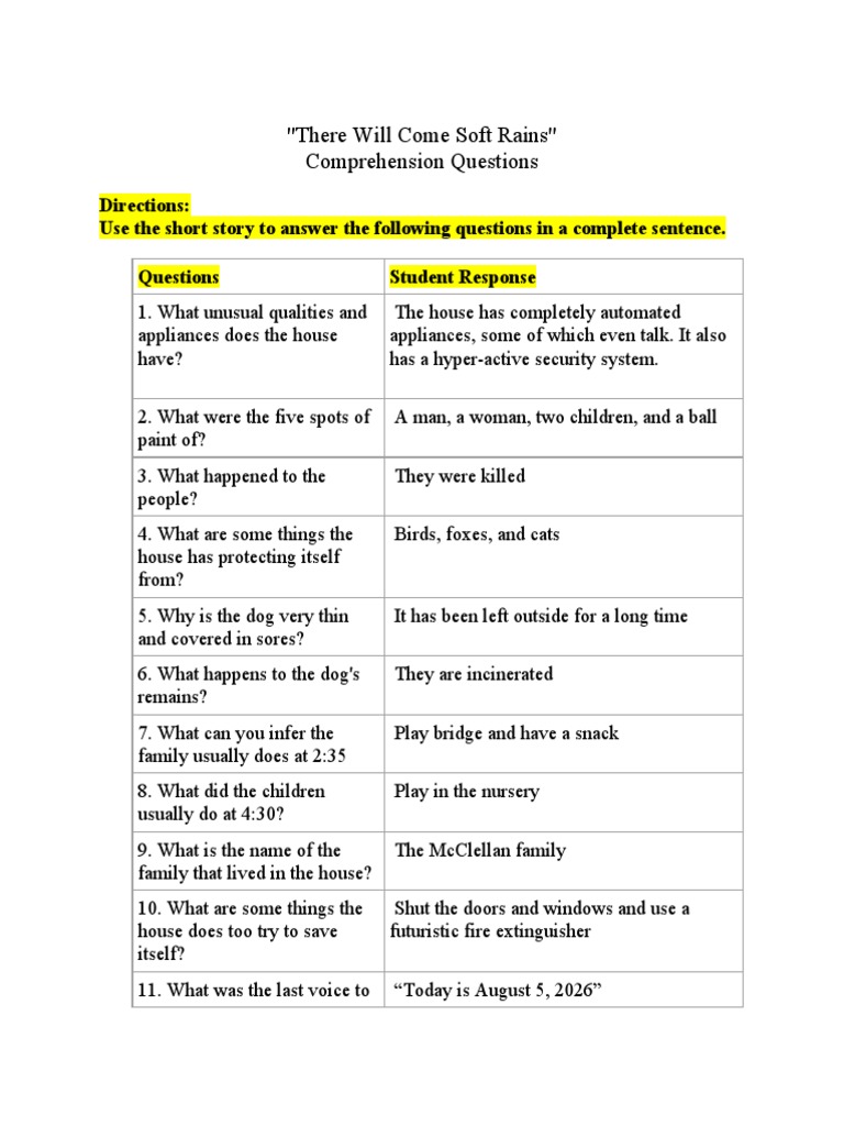 "There Will Come Soft Rains" Comprehension Questions | PDF