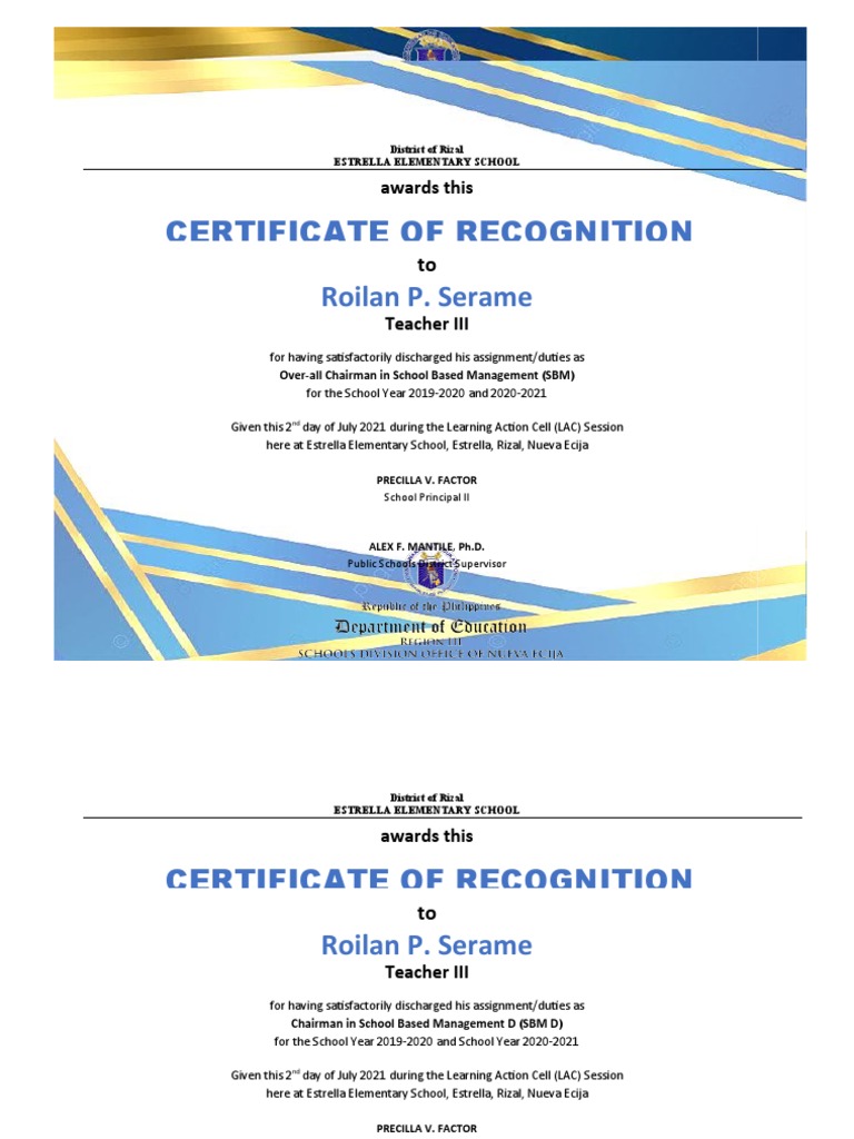 Certificate of Recognition Chairman SBM | PDF