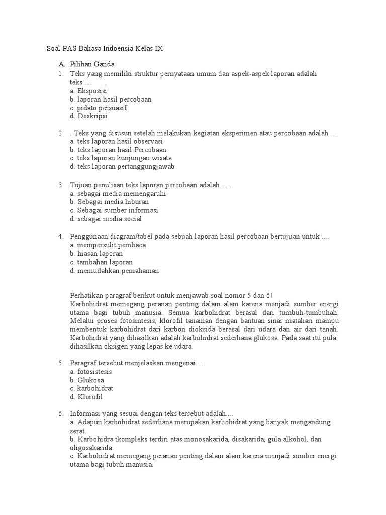 Soal PAS Bahasa Indoensia Kelas IX | PDF