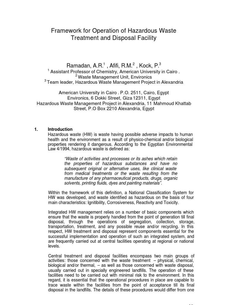 Framework For Operation of Hazardous Waste Treatment and Disposal ...