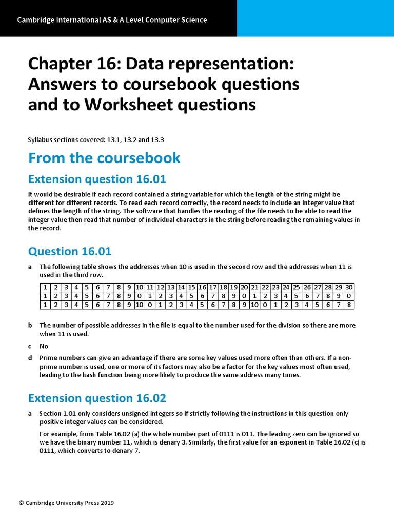 Chapter 16: Data Representation: Answers To Coursebook Questions and To Worksheet Questions ...