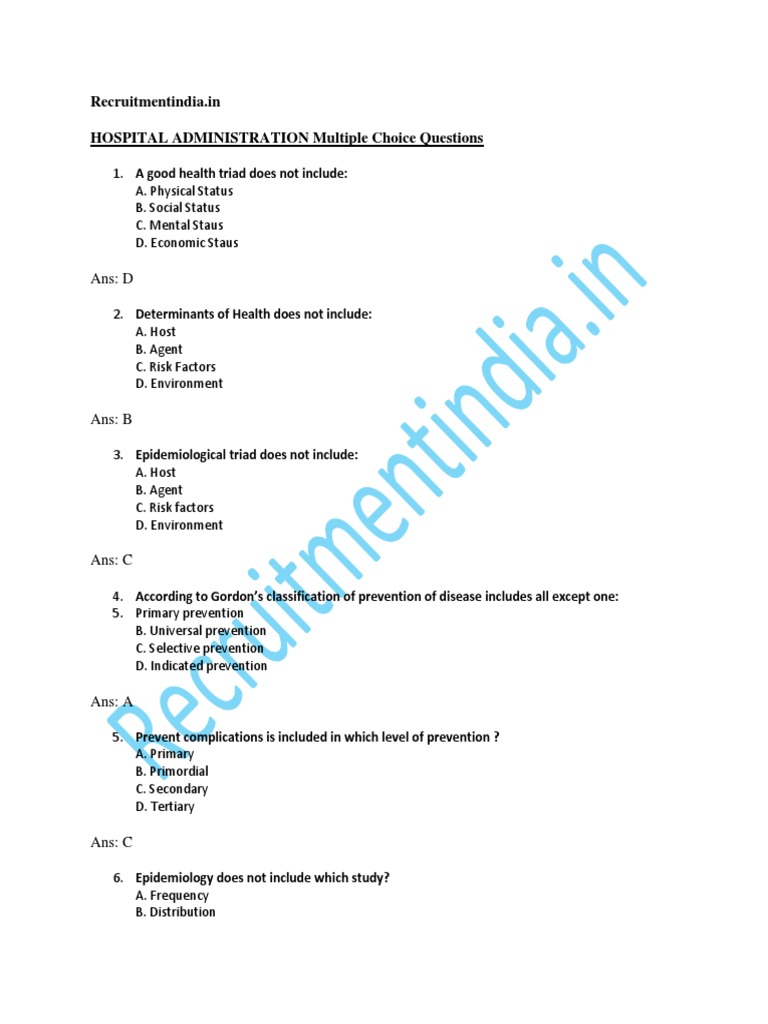 Hospital Administration MCQs and Answers | PDF | Epidemiology | Hospital