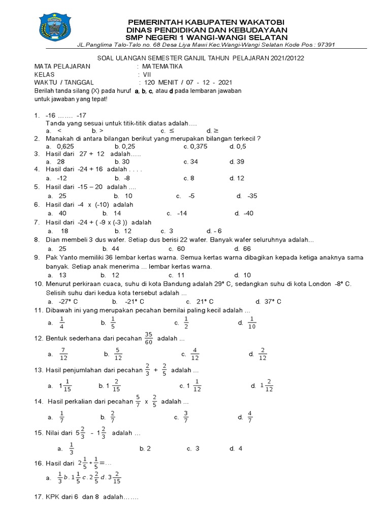 Soal Matematika 7 Ganjil 2021 | PDF